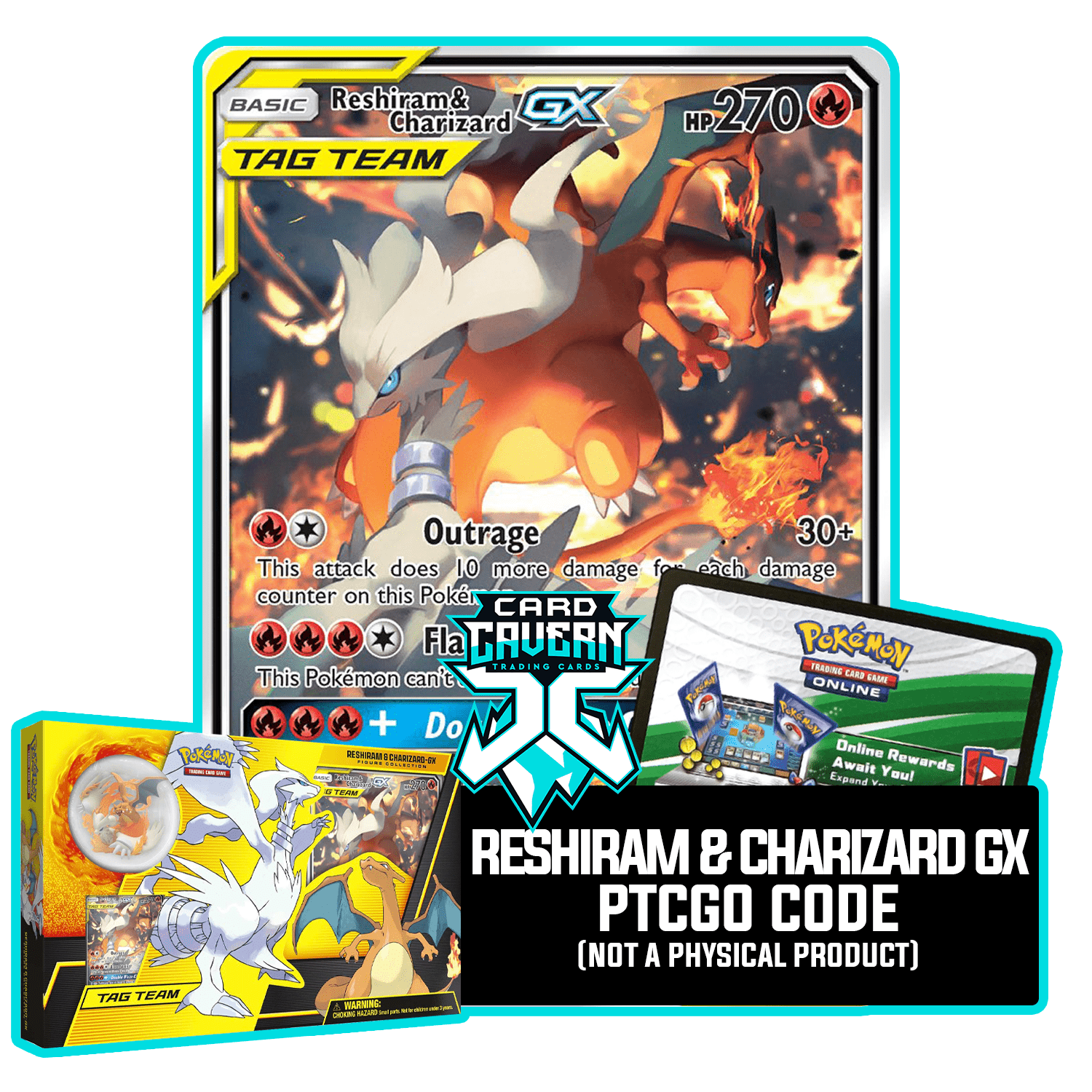 Reshiram & Charizard GX SM201 PTCGL Code – Card Cavern Trading Cards, LLC