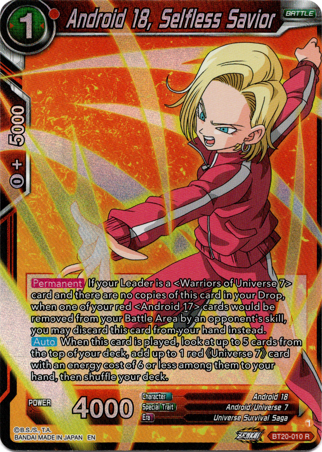 Android 18, Selfless Savior - BT20-010 R - Power Absorbed - Foil – Card ...